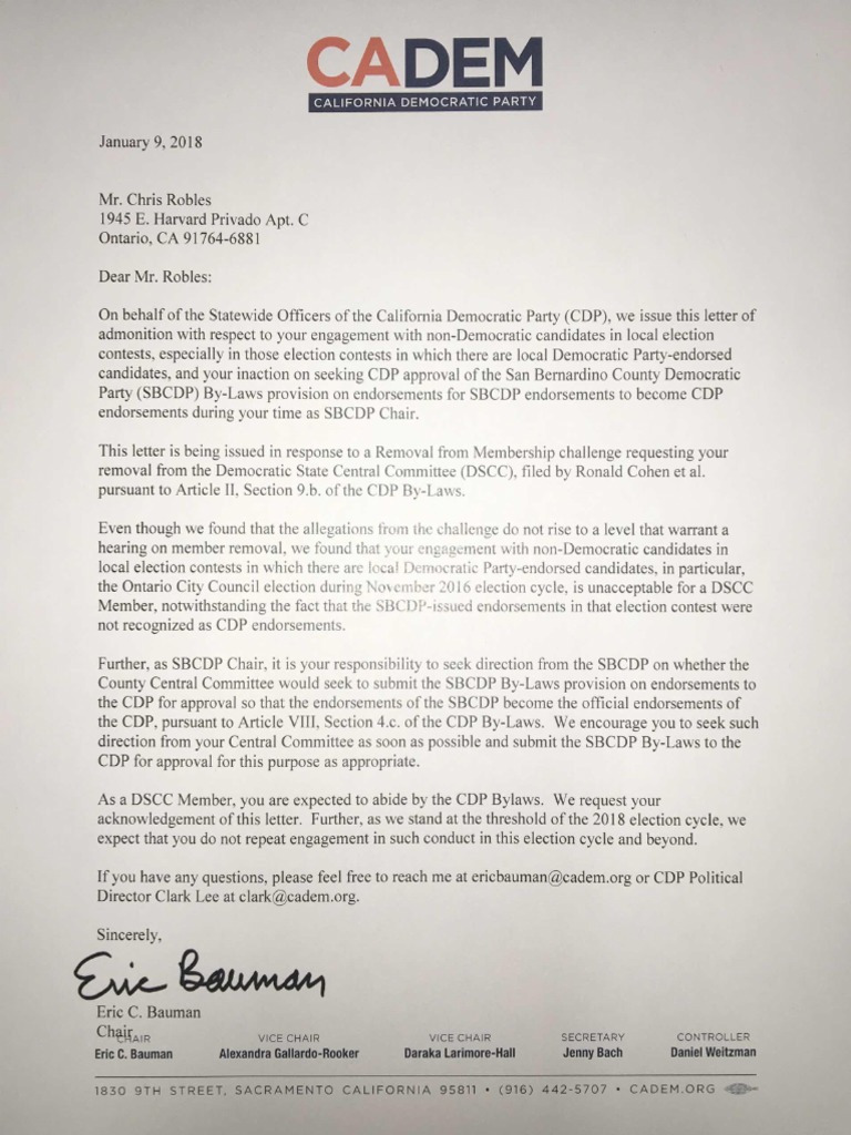 Letter From California Democratic Party To Chris Robles | PDF