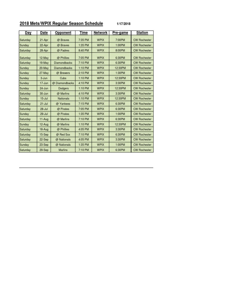2018 Mets Wpix Regular Season Schedule | PDF
