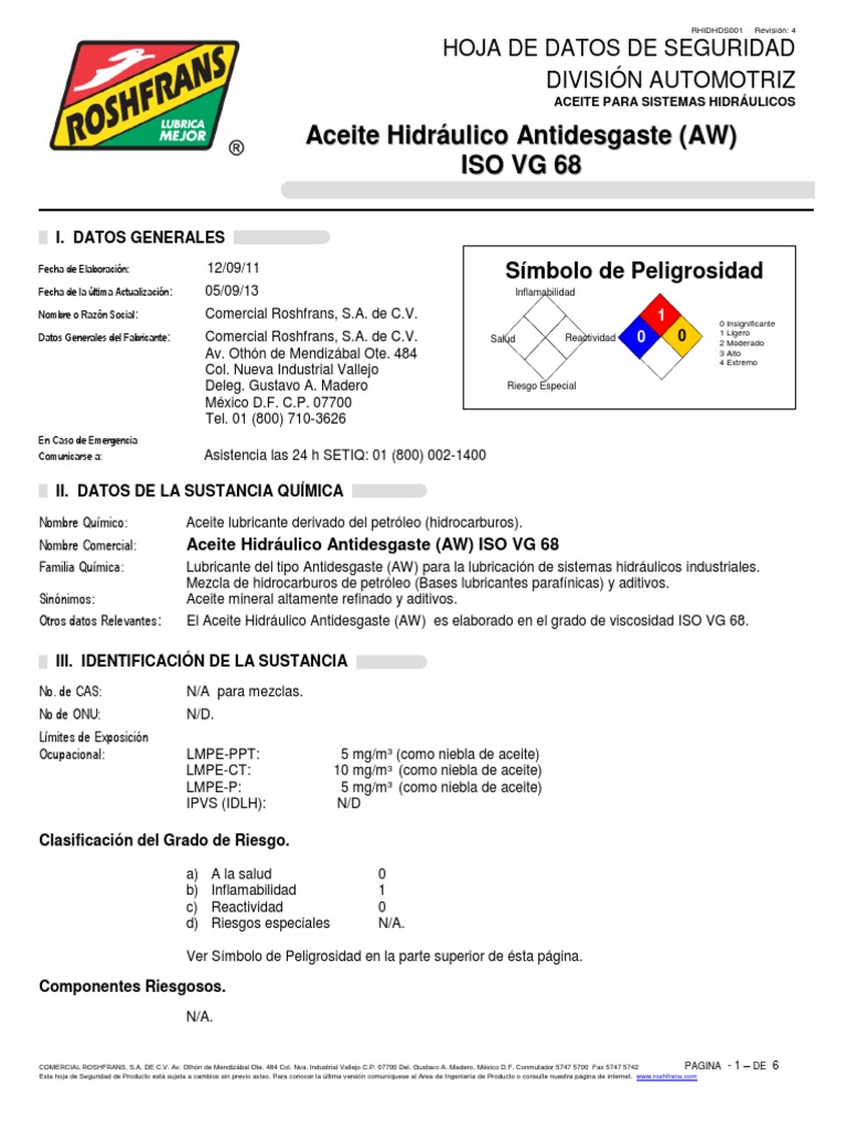 HOJA de SEGURIDAD Aceite Hidráullico Antidesgaste VG-68 | PDF ...