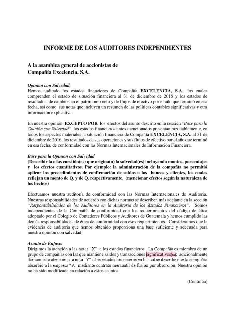 Ejemplo de Opinion Con Salvedad Con Limitación | Auditoría financiera | Contralor, auditor