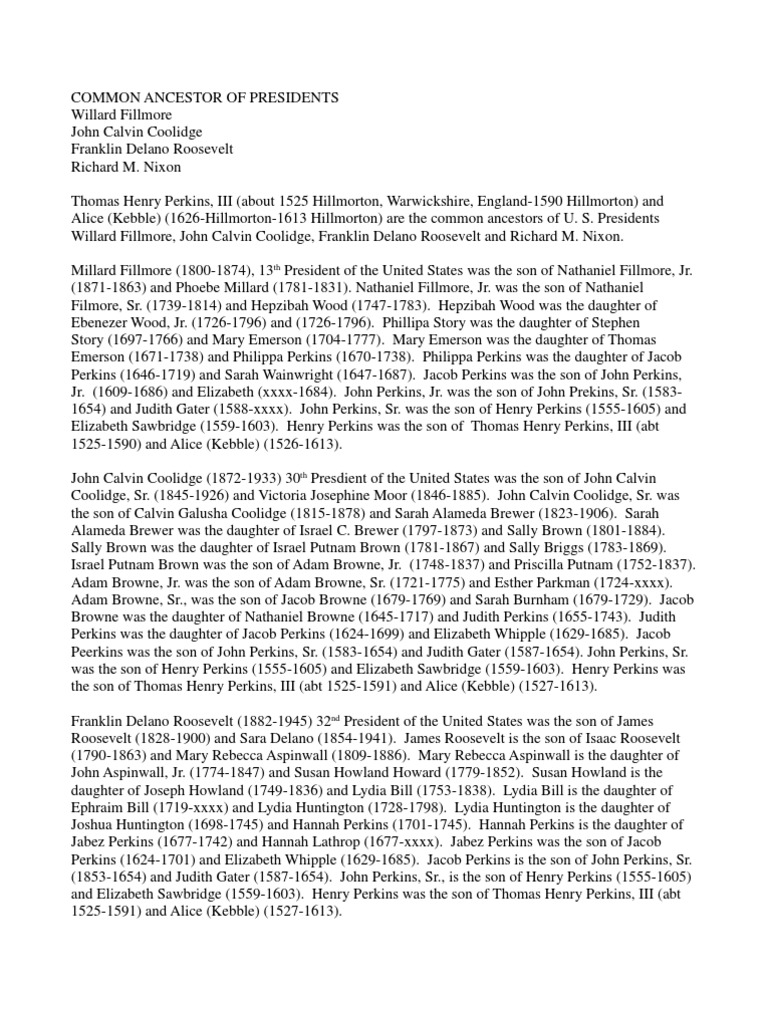 Common Ancestor of Presidents Fillmore, Coolidge, F. Roosevelt, Nixon ...
