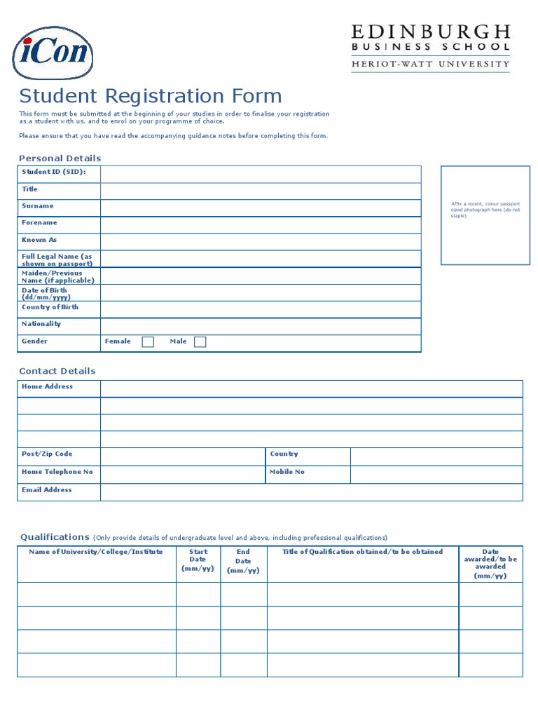 ICON Student Registration Form | PDF | Identity Document | Academic Degree