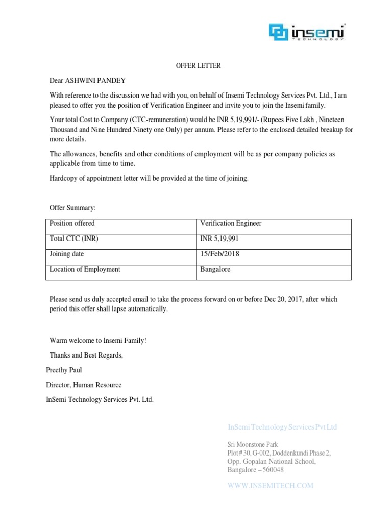 Offer Letter- Ashwini Pandey1 | Service Industries | Business