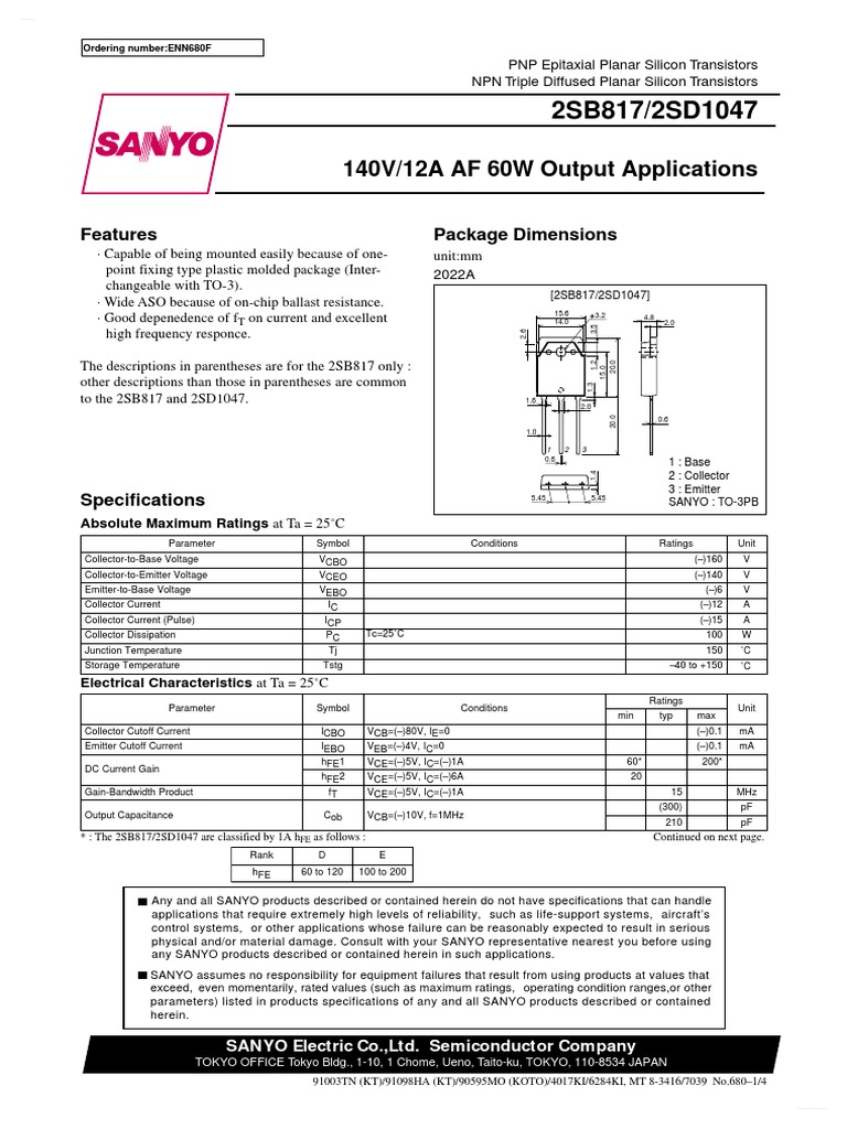 D1047-Sanyo Semicon Device | Download Free PDF | Bipolar Junction ...