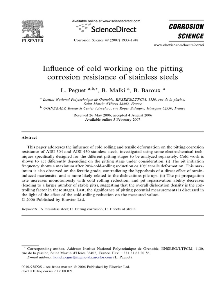 Influence of Cold Working On The Pitting Corrosion Resistance of Stainless Steels PDF | PDF ...