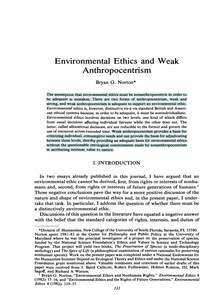 Environmental Ethics and Weak Anthropocentrism | PDF | Environmental ...