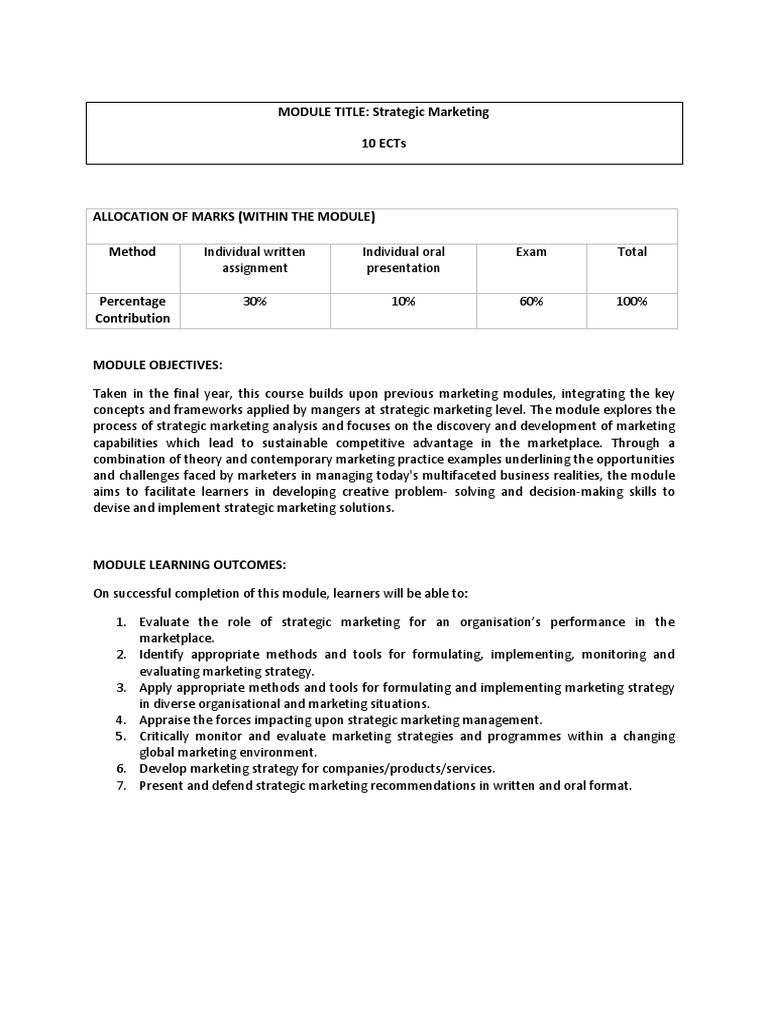 Strategic Marketing Course Outline | PDF | Marketing Strategy ...
