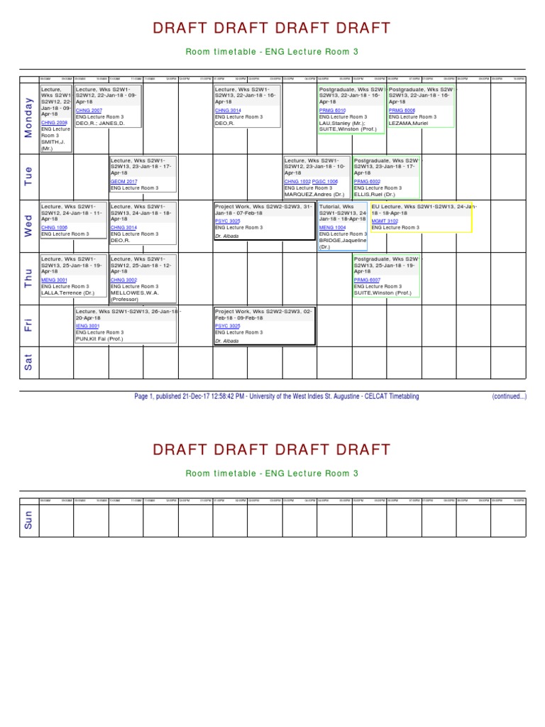 Draft Draft Draft Draft: Room Timetable - ENG Lecture Room 3 | PDF ...