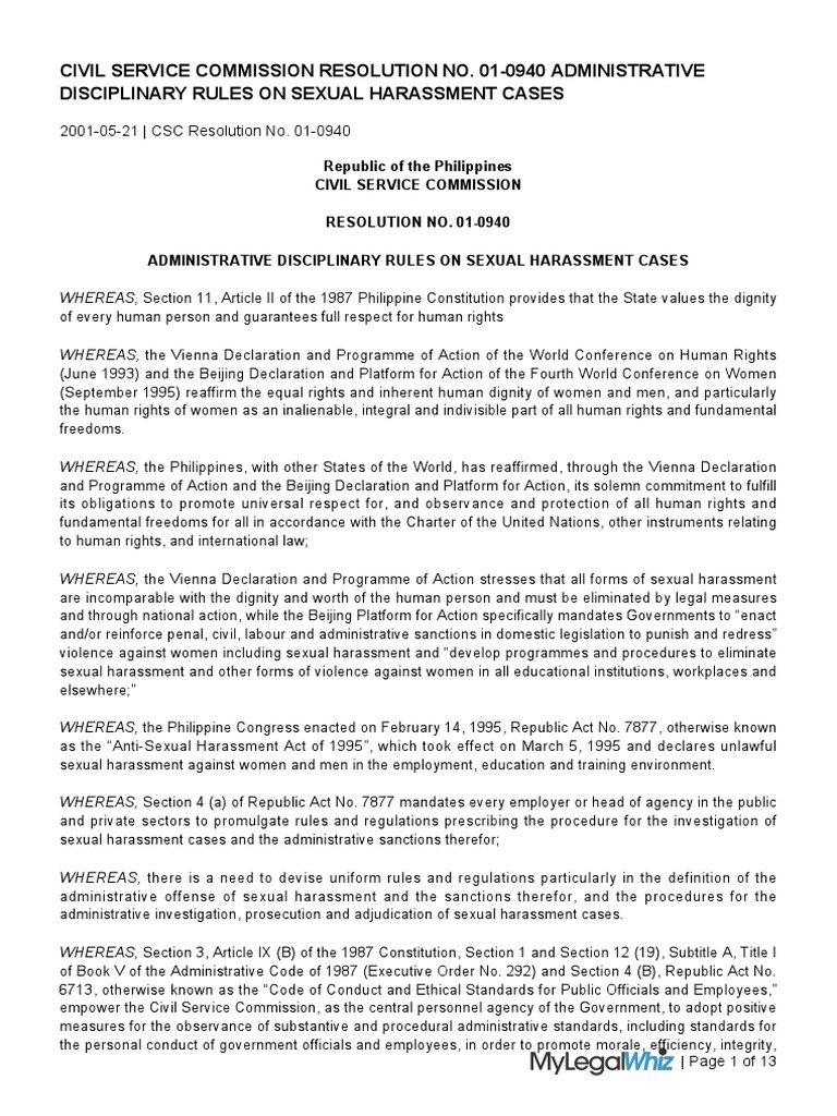 CSC Resolution No 01-0940 | PDF | Sexual Harassment | Human Rights
