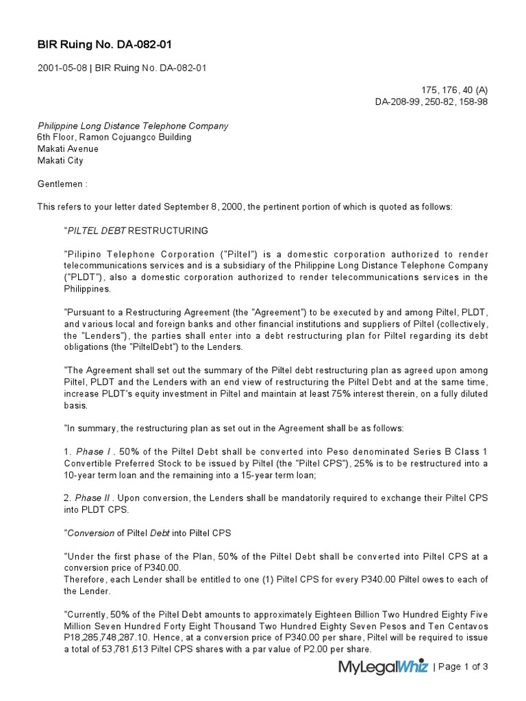 BIR Ruing No DA-082-01 (Debt-To-equity Conversion Through Issuance of ...