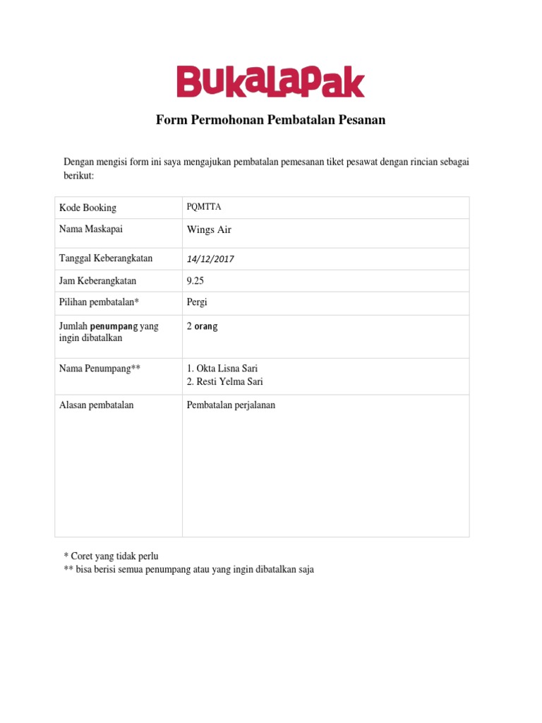 Form Pembatalan Tiket Pesawat Bukalapak | PDF