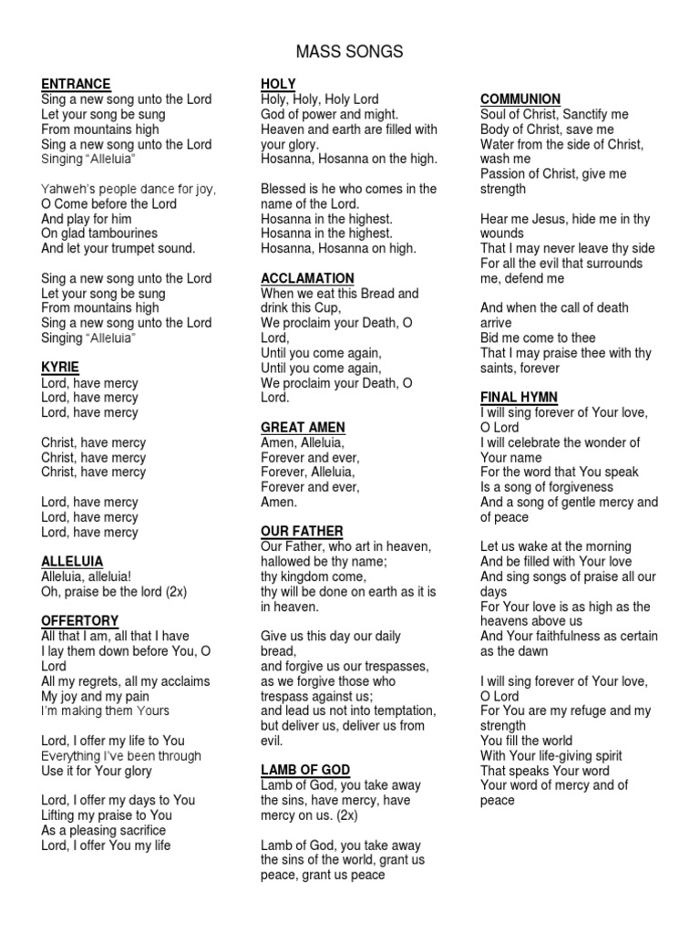 Mass Songs: Entrance Holy Communion | PDF | Mass (Liturgy) | Lord's Prayer