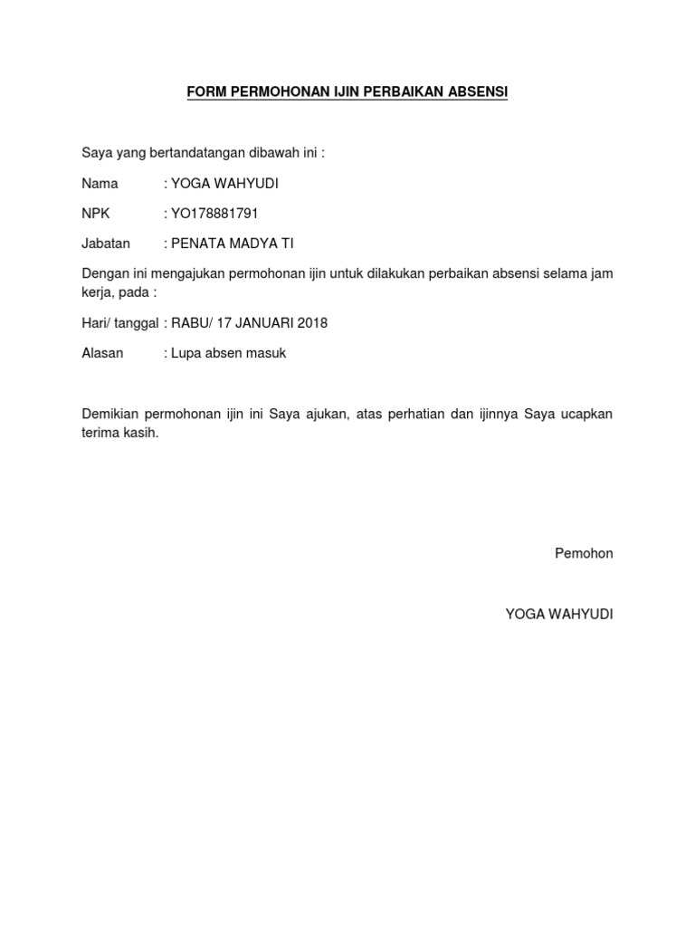 Form Permohonan Ijin Perbaikan Absensi | PDF