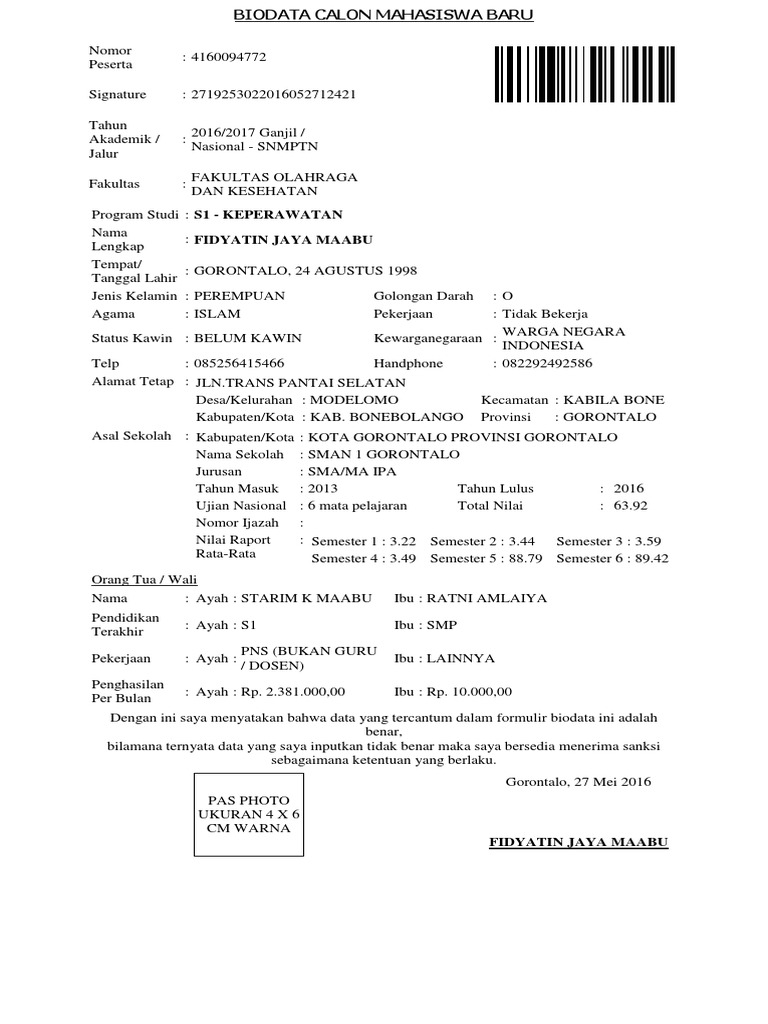 Biodata Calon Mahasiswa Baru | PDF