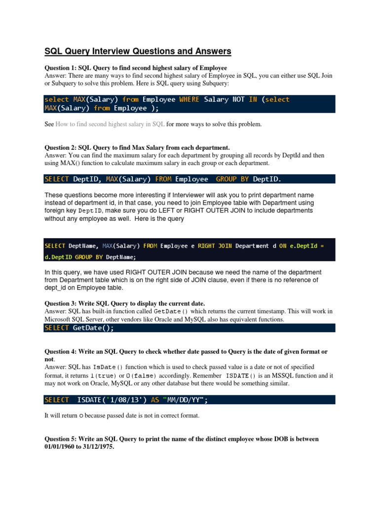 Important Sql Query Interview Questions And Answers Pdf Sql Data