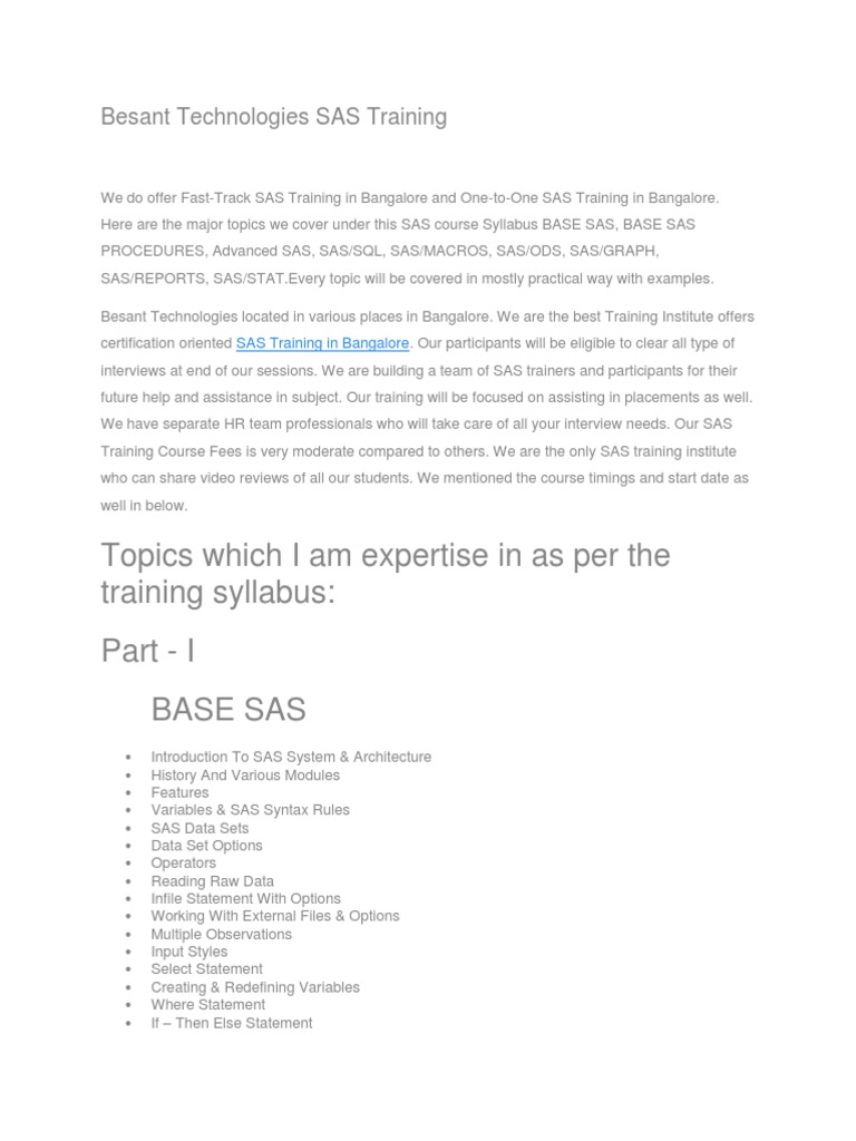 Besant Technologies SAS Training | Download Free PDF | Sas (Software) | Areas Of Computer Science