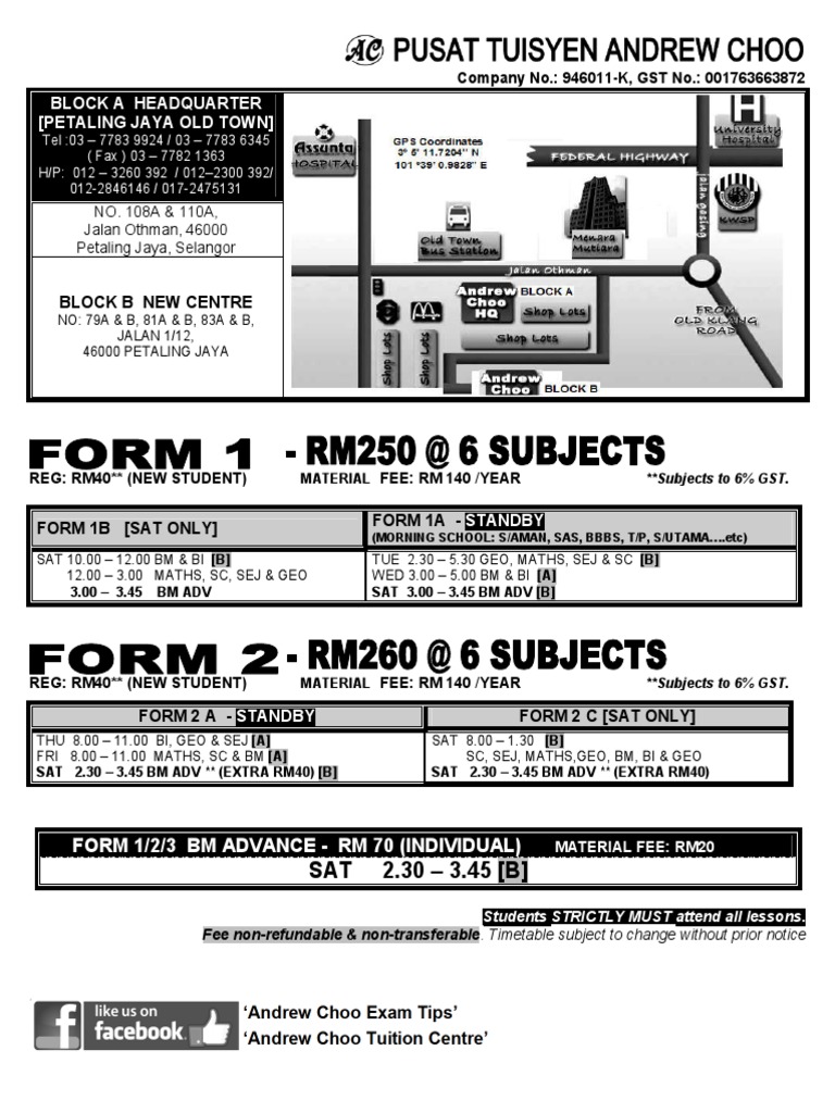 Form 1 & Form 2 - 2018 Timetable | PDF