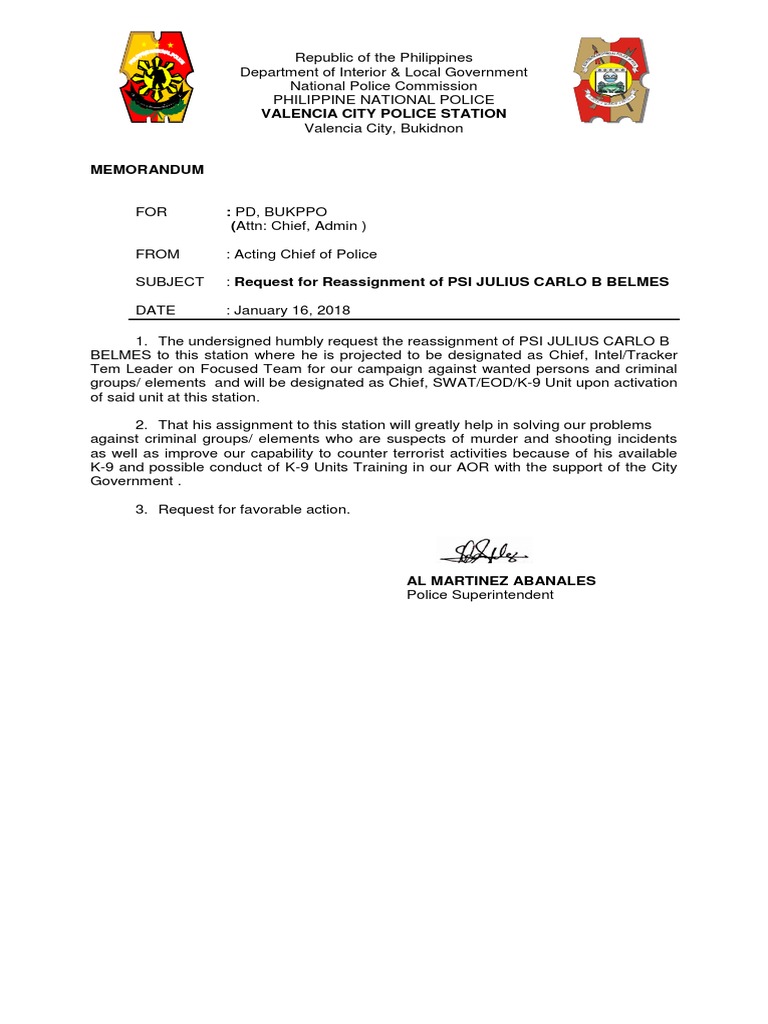 Philippine Police Station Requests Reassignment of Officer | PDF ...