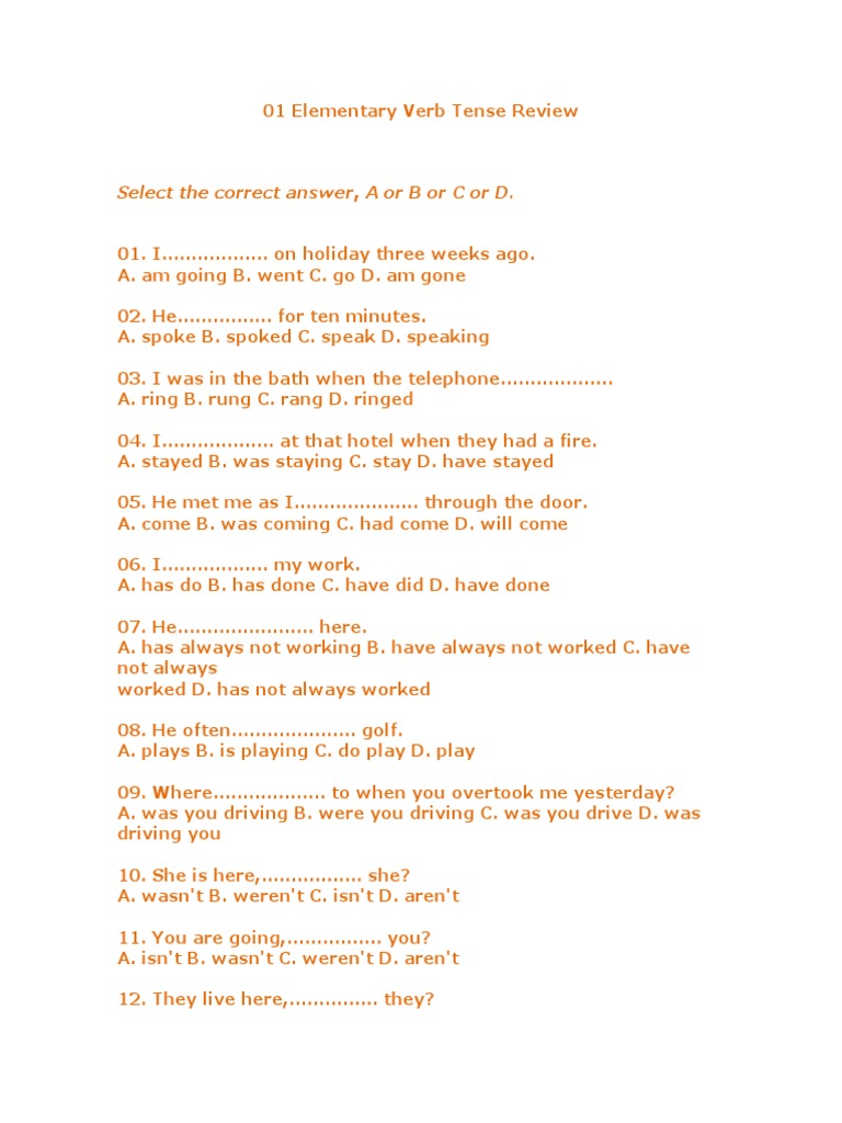 01 Elementary Verb Tense Review | PDF