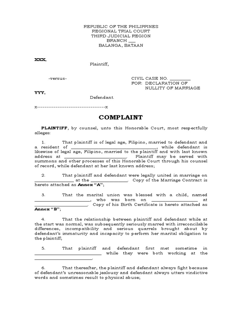 Annulment Complaint SAMPLE | PDF | Marriage | Common Law