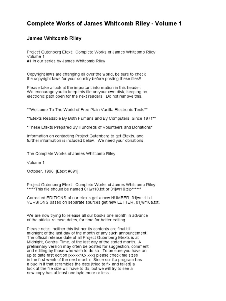 Complete Works of James Whitcomb Riley - Volume 1 | PDF | Indemnity | E ...