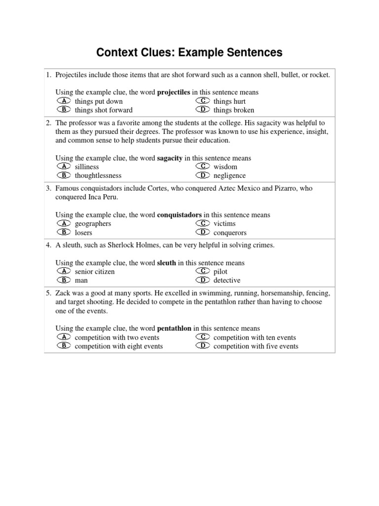 Context Clues: Example Sentences | PDF