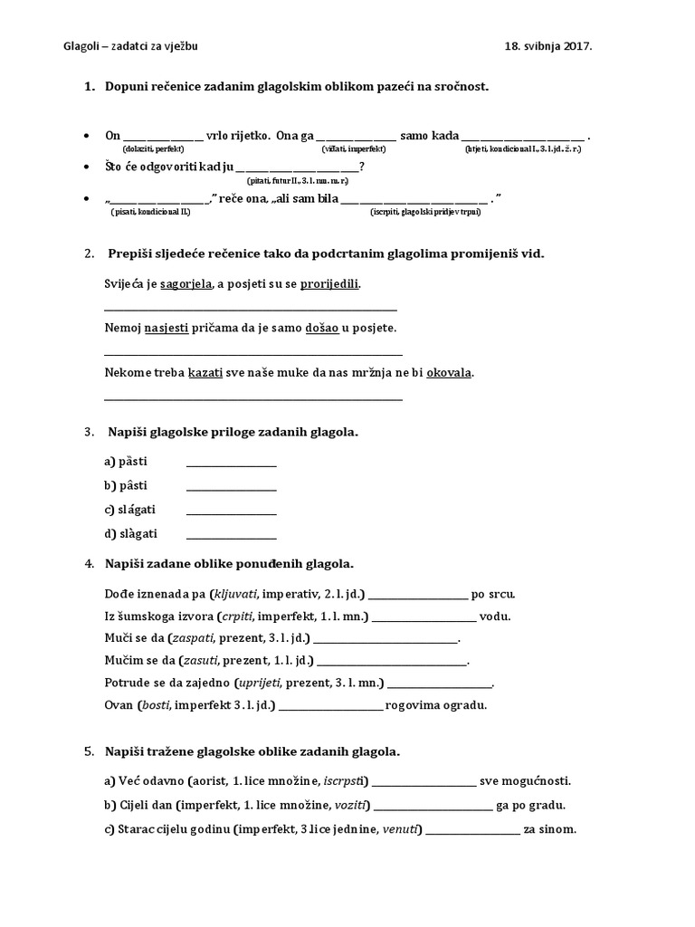 Glagoli - Zadatci Za Vjezbu 1 | PDF