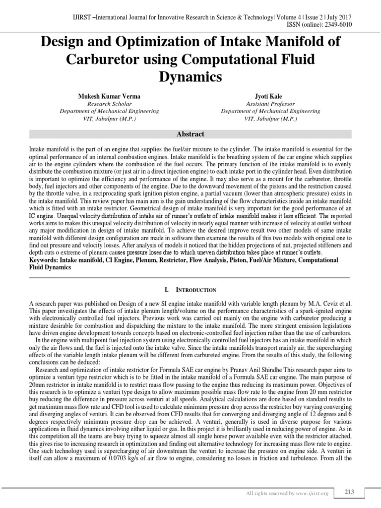 Design and Optimization of Intake Manifold of Carburetor Using ...