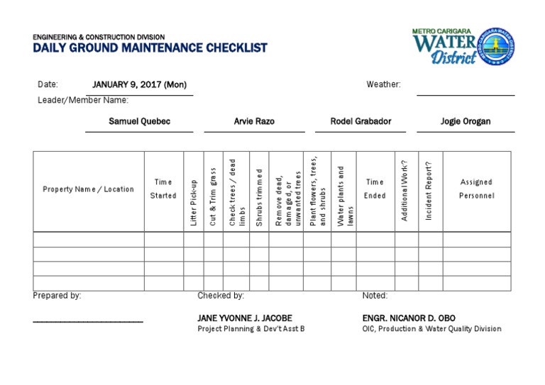 Daily Ground Maintenance Checklist | PDF | Landscape Architecture ...