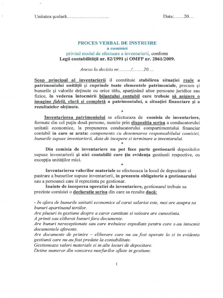 Proces Verbal de Instruire a Comisiei Privind Modul de Efectuare a Inventarierii