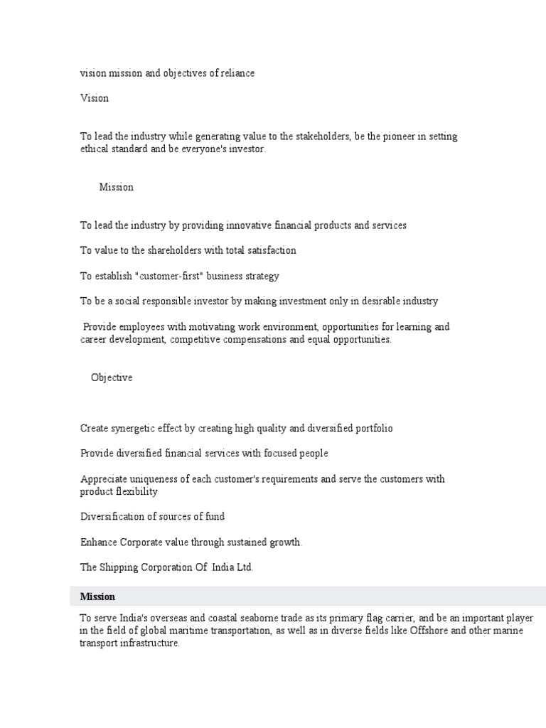 Vision Mission and Objectives of Reliance PDF | PDF | Innovation ...