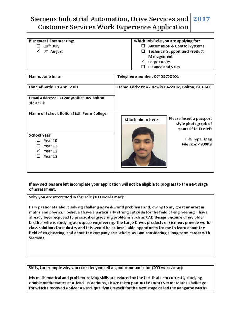 Siemens Manchester Work Experience Application Form | PDF | Teaching ...