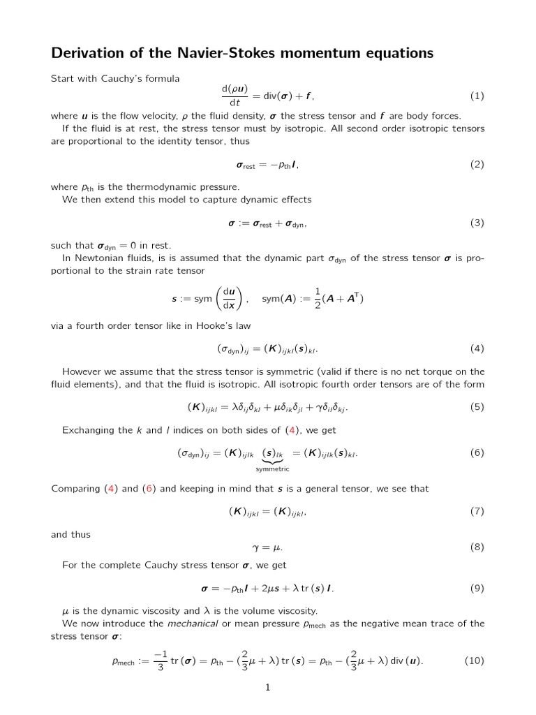 Derivation of Navier Stokes Momentum Equations | PDF | Navier–Stokes ...