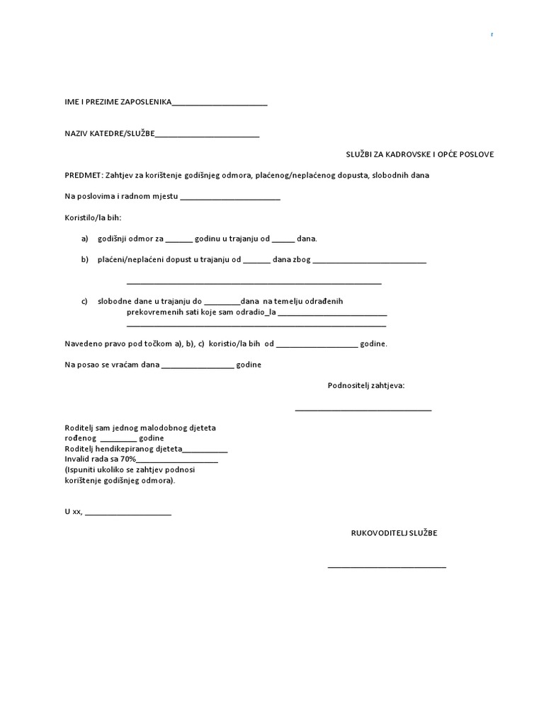 GODISNJI ODMOR Obrazac | PDF