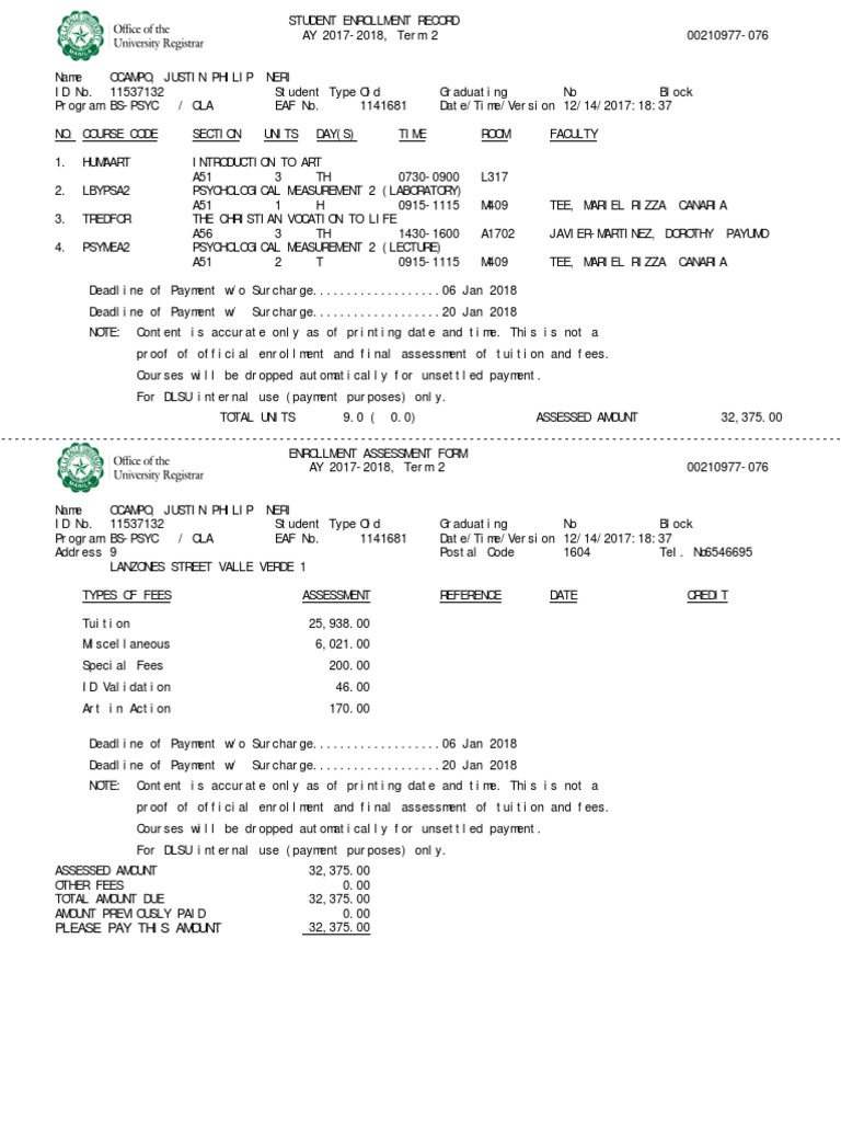 Student Enrollment Record | PDF | Fee | Payments