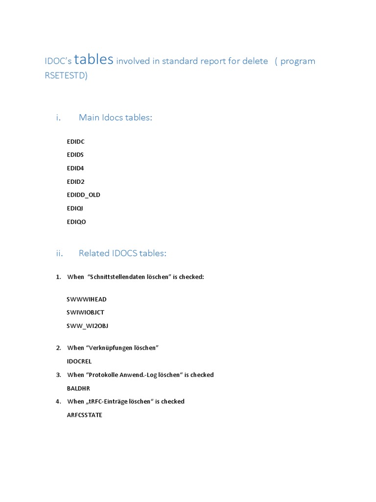 IDOC Tables Involved in RSETESTD | PDF | Computing And Information ...