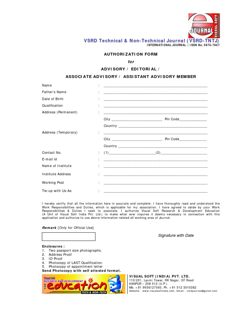 Authorization Form | PDF | Academic Journal | Publishing