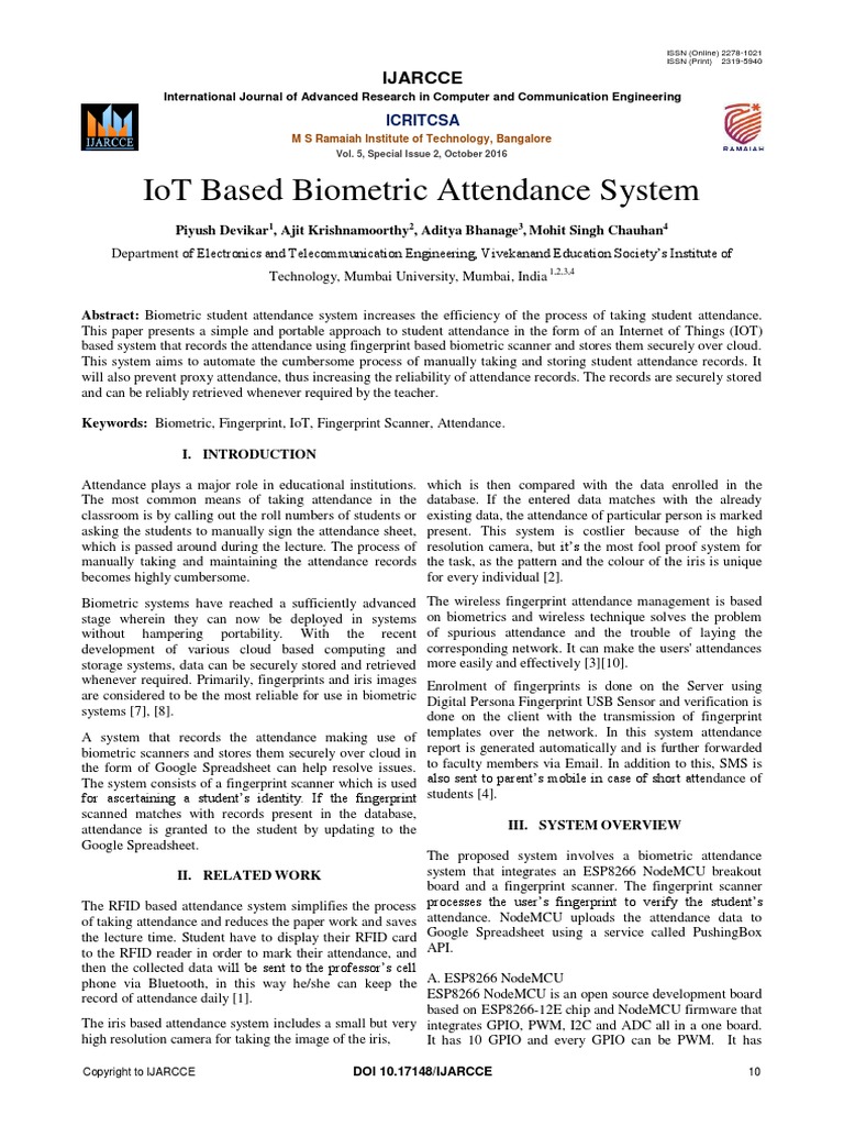 Iot Based Biometric Attendance System: Ijarcce | PDF | Biometrics ...