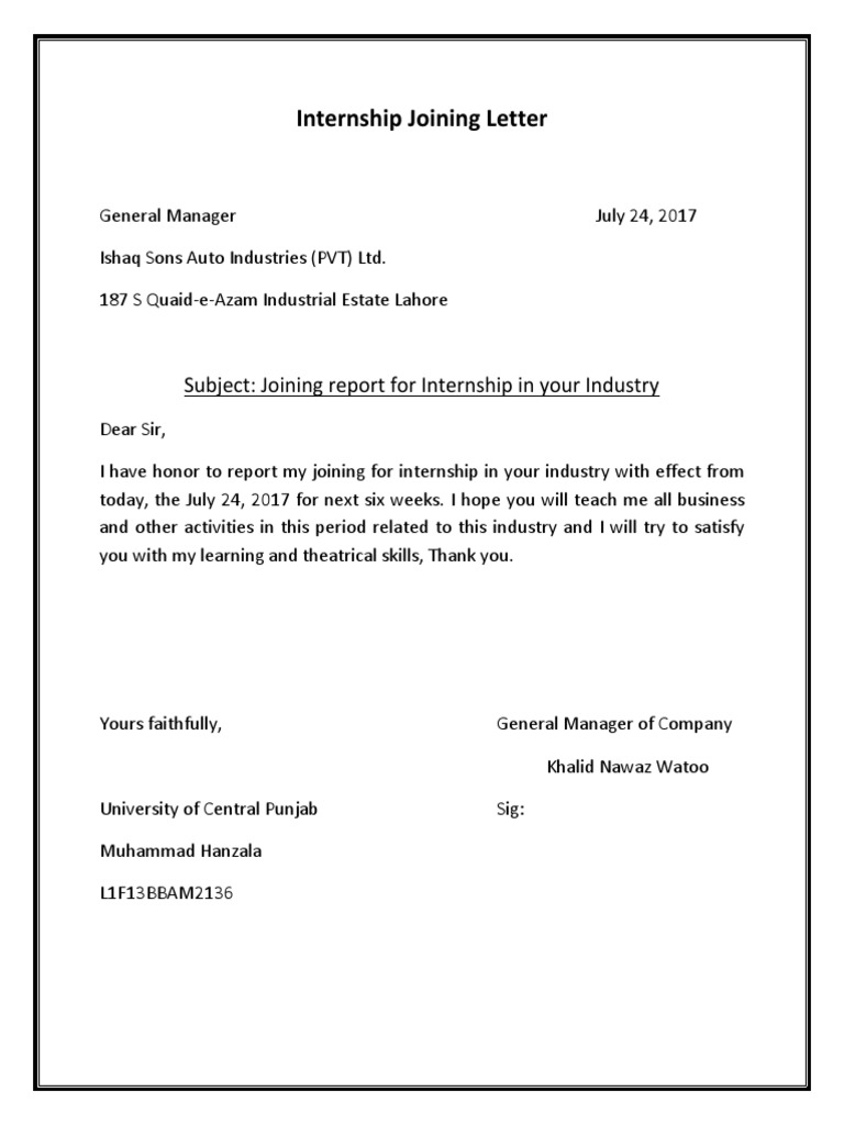 Internship Joining Letter: Subject: Joining Report For Internship in Your Industry | PDF