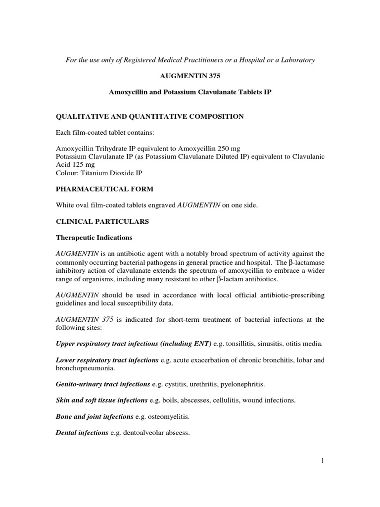 Augmentin 375 Amoxycillin and Potassium Clavulanate Tablets IP | PDF ...