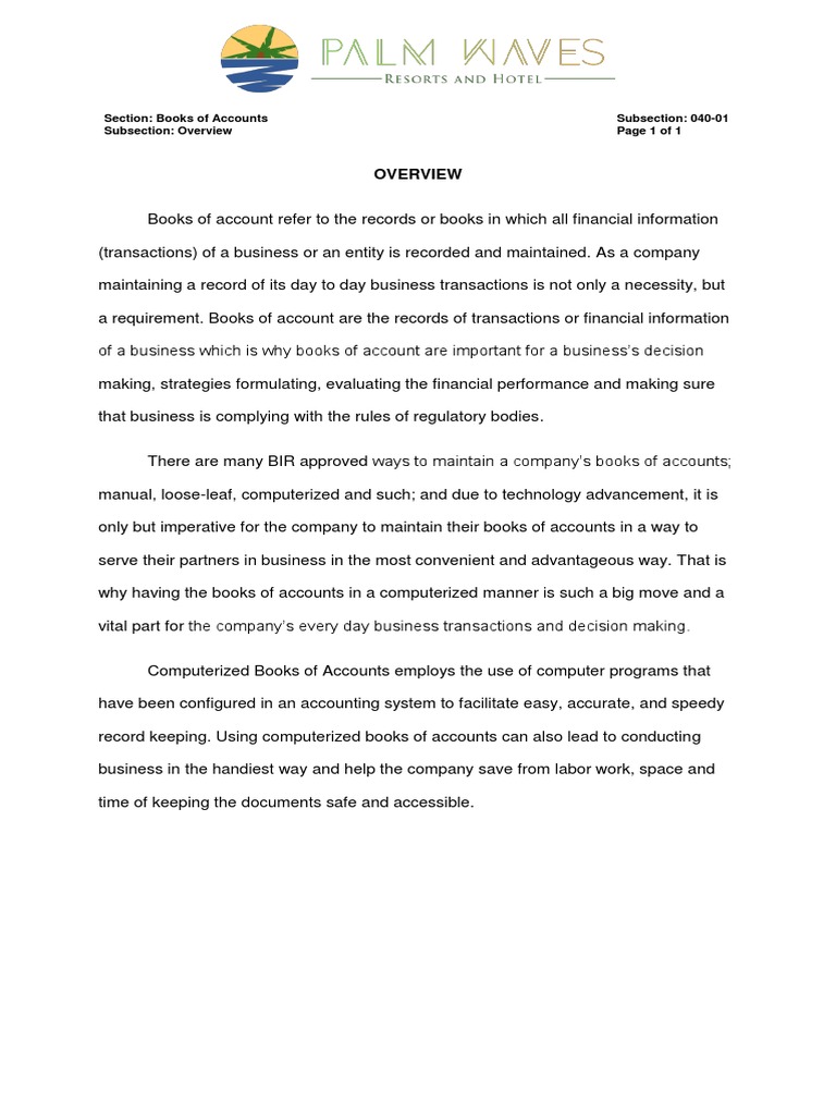Section: Books of Accounts Subsection: 040-01 Subsection: Overview Page ...