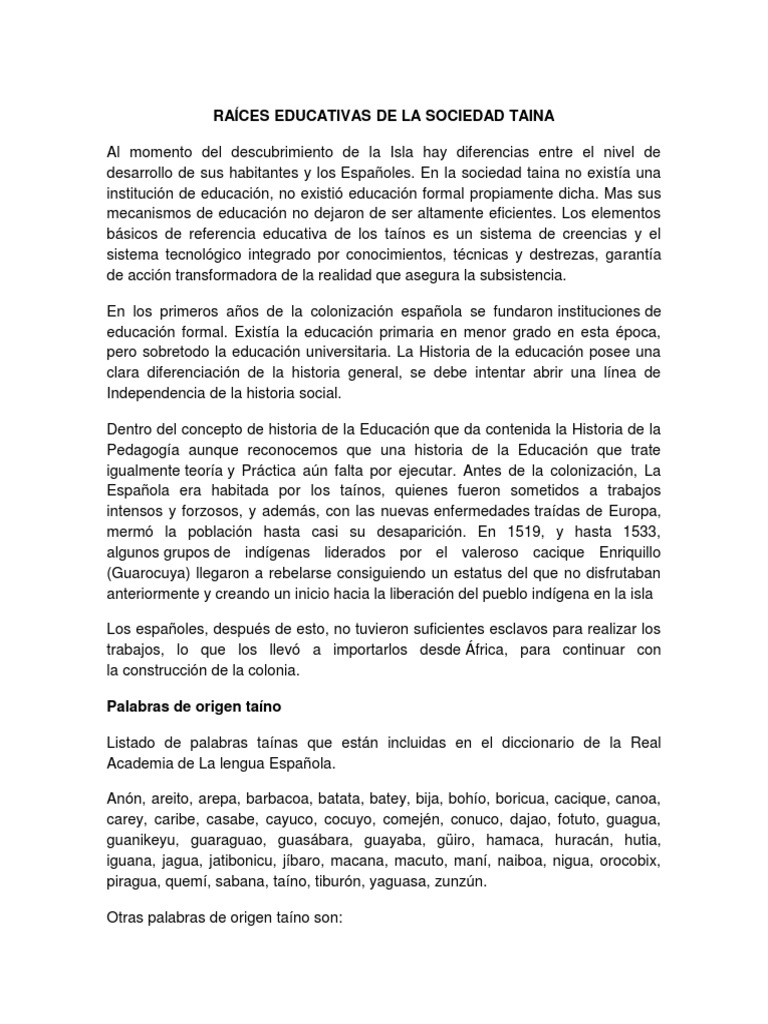 Raíces Educativas de La Sociedad Taina | PDF