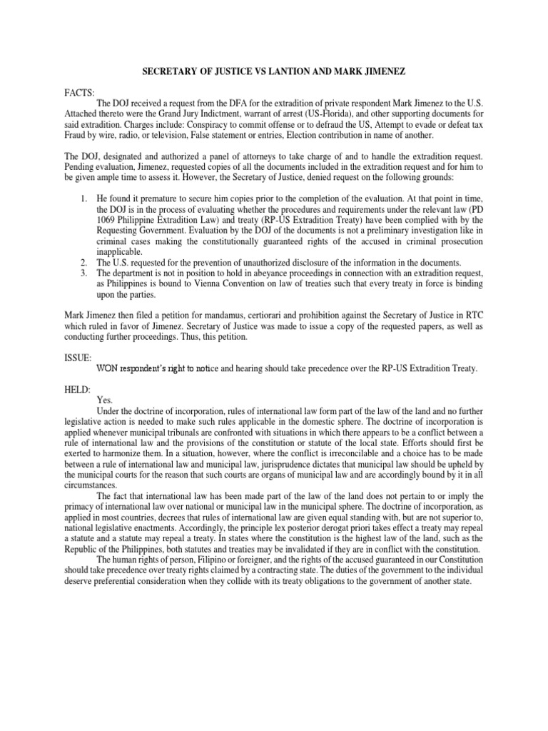 Secretary of Justice Vs Lantion and Mark Jimenez | PDF | Extradition ...