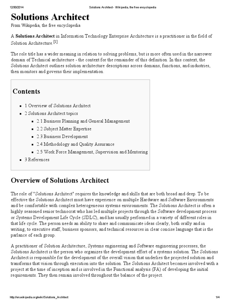 Solutions Architect - Wikipedia, The Free Encyclopedia | PDF | Software ...