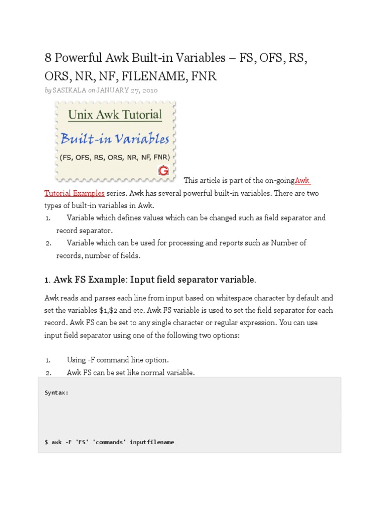 Awk Built-In Variables - FS, OfS, NR | PDF | Programming Paradigms ... Awk Built-In Variables - FS, OfS, NR | PDF | Programming Paradigms ...