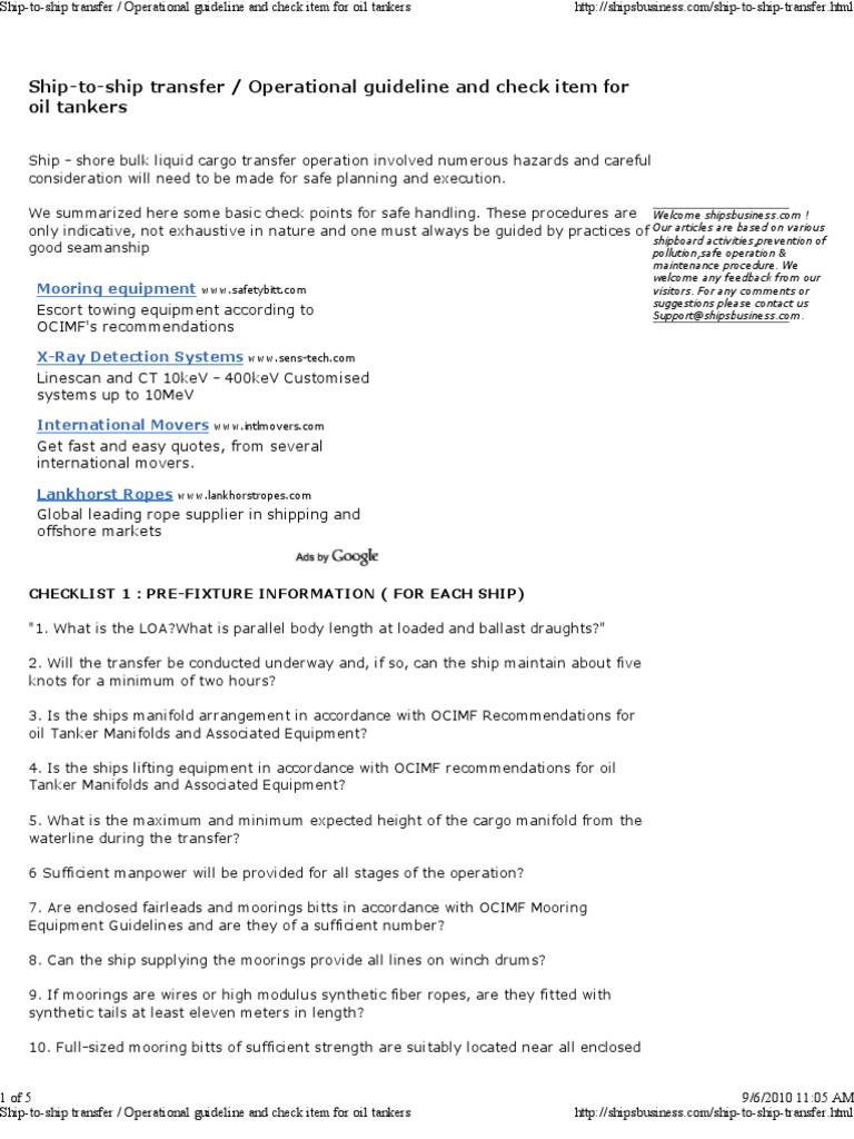 Sts Tranfer Checklist | PDF | Oil Tanker | Ships