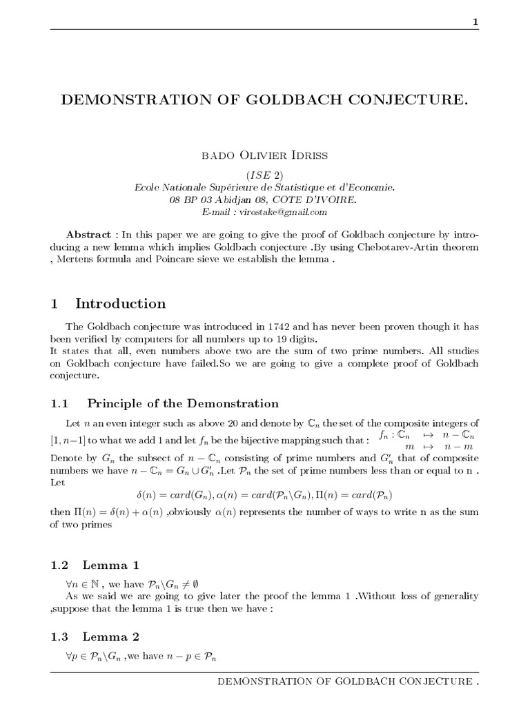 Demonstration of Goldbach's Conjecture | PDF | Prime Number | Conjecture