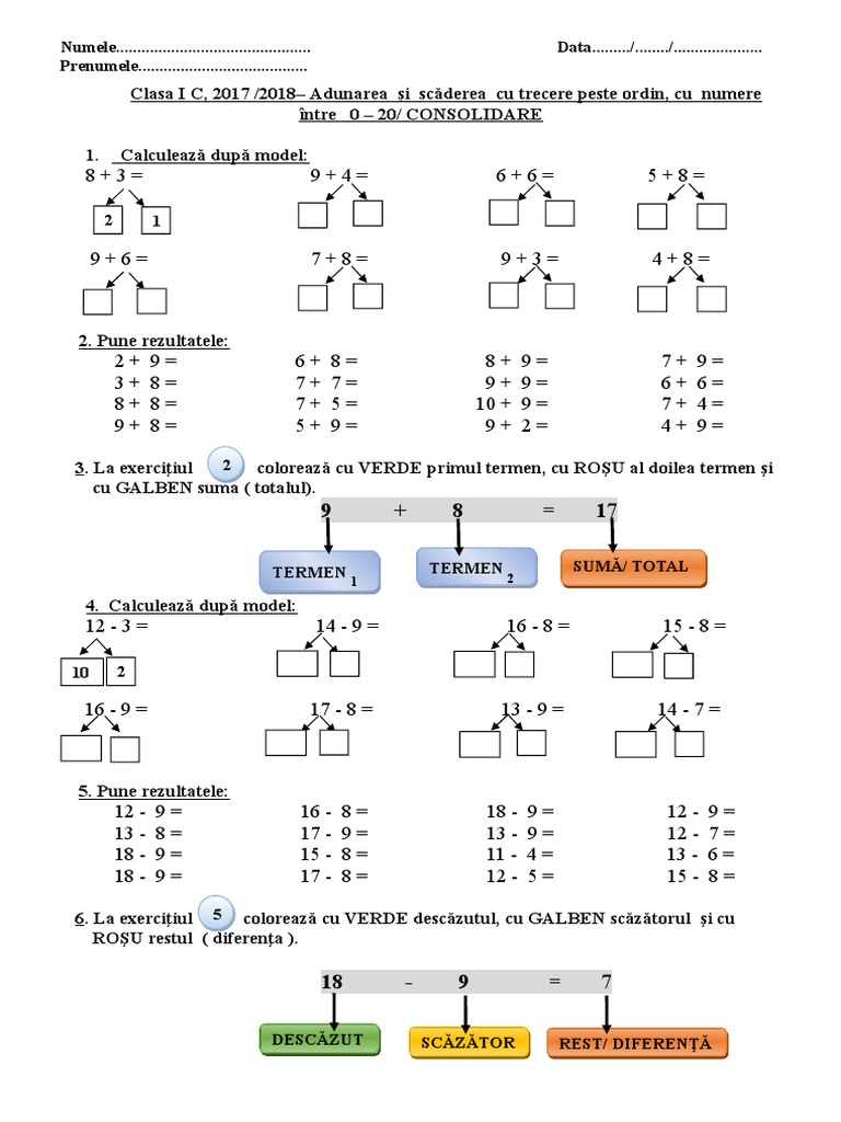 Adunarea Si Scaderea 020 Cu Trecere Peste Ordin Fisa 4 | PDF