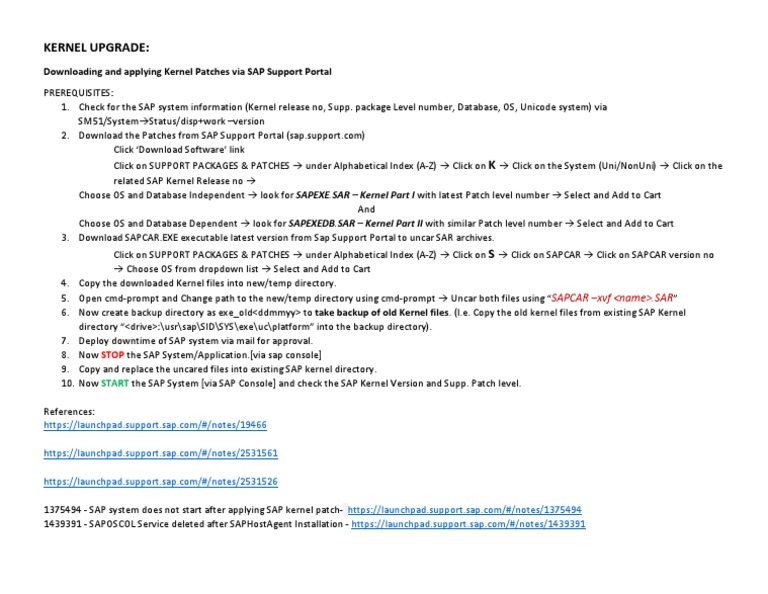 Kernel Upgrade:: Downloading and Applying Kernel Patches Via SAP Support Portal | PDF