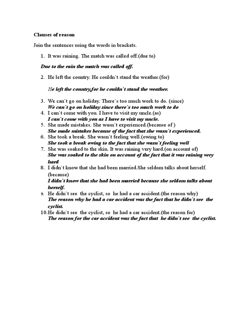 Clauses of Reason Test and Answers | PDF
